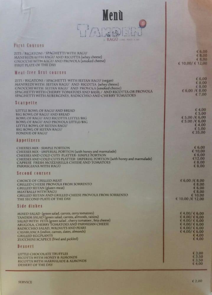 Menu at Tandem - Via Paladino restaurant, Naples, Via Giovanni Paladino