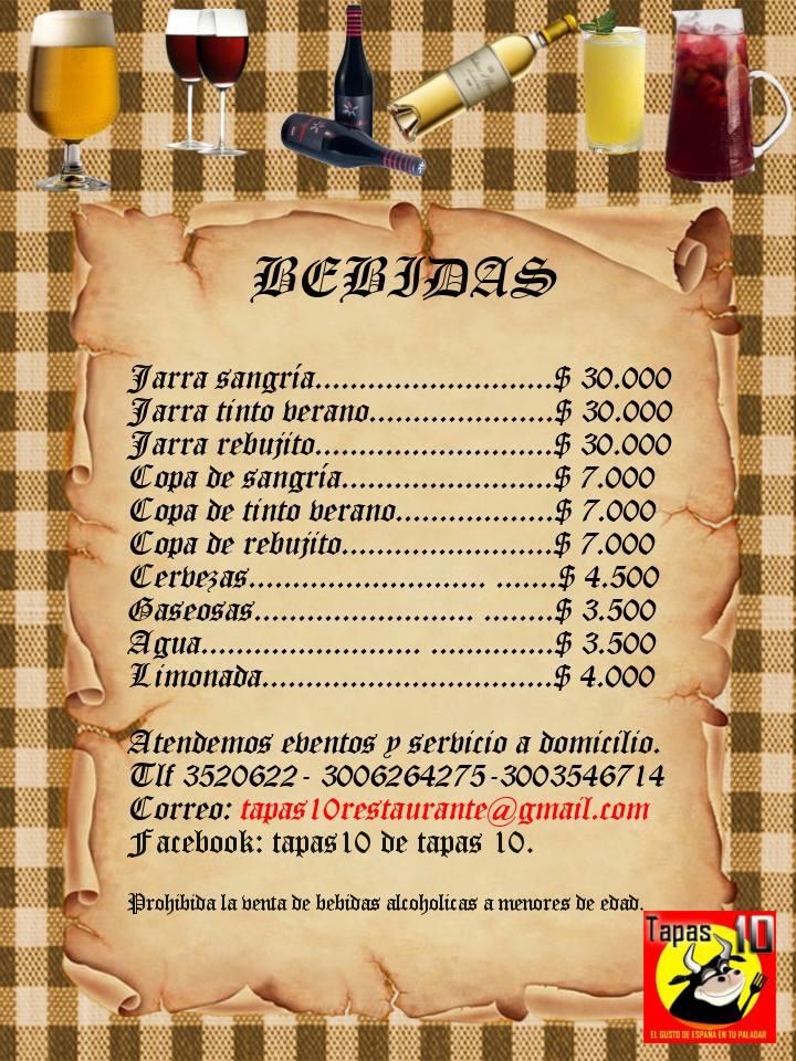 Menu at Tapas Diez restaurant, Medellín