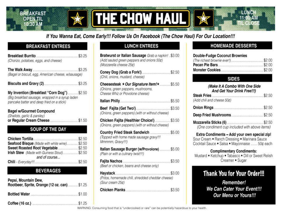 Menu at The Chow Haul, Tecumseh, Main Stree