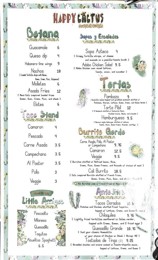 Menu at Happy Cactus Mexican Cocina restaurant, Dunedin