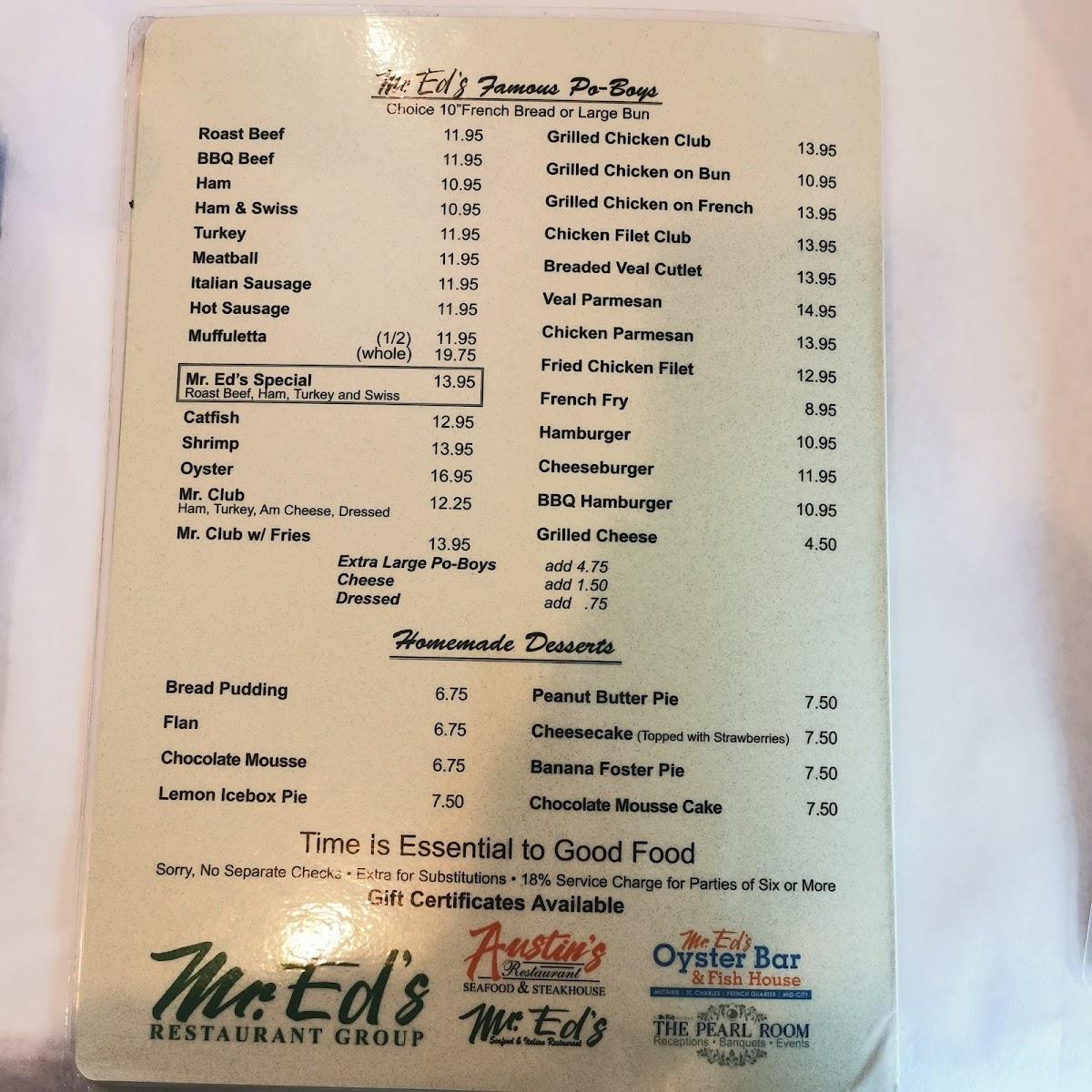 Menu at Mr. Ed's Seafood & Italian Restaurant, LIVE OAK, Metairie