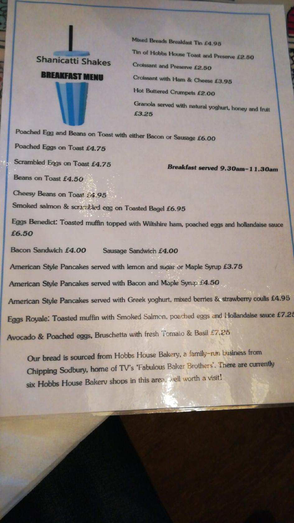Menu at Shanicatti Shakes cafe, Bristol