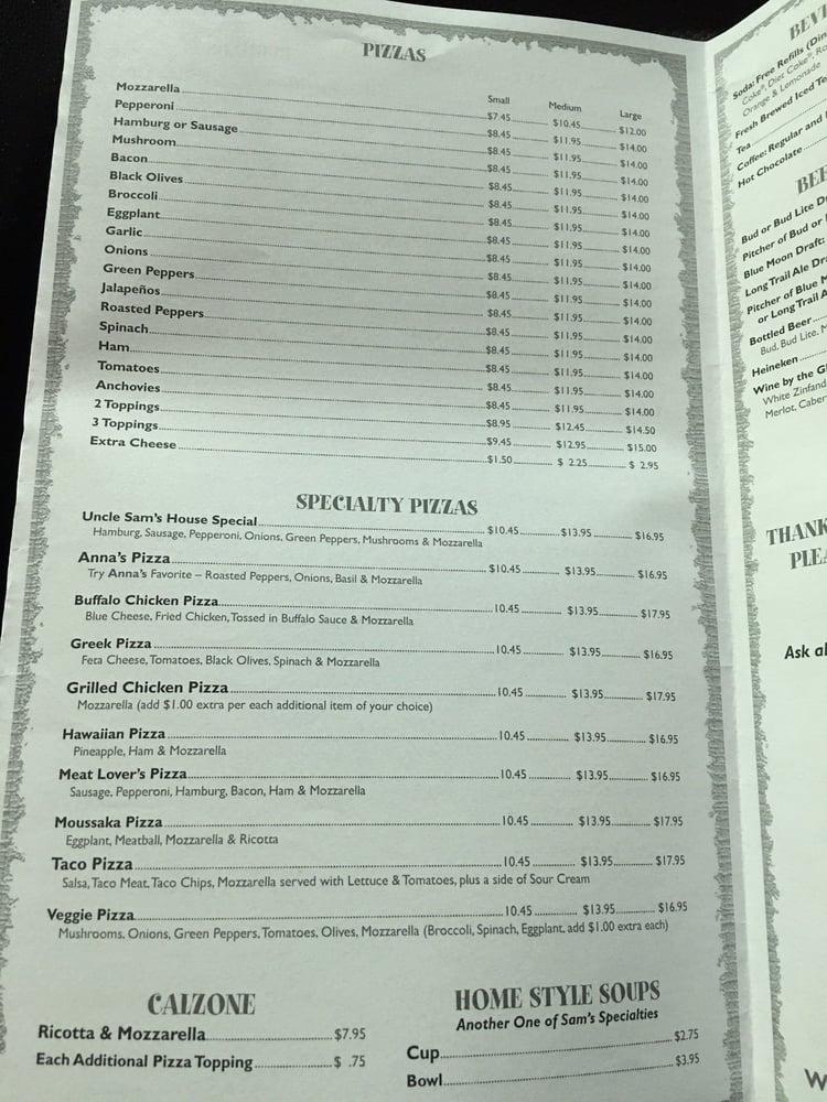 Menu at Uncle Sam's Restaurant, Bristol