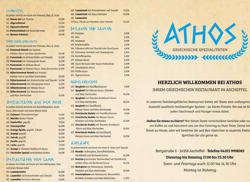 Speisekarte von Athos restaurant, Ascheffel