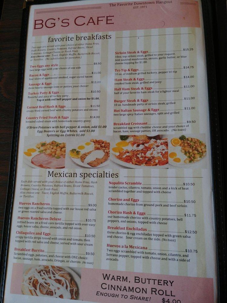 Menu at BG's Cafe, Oxnard