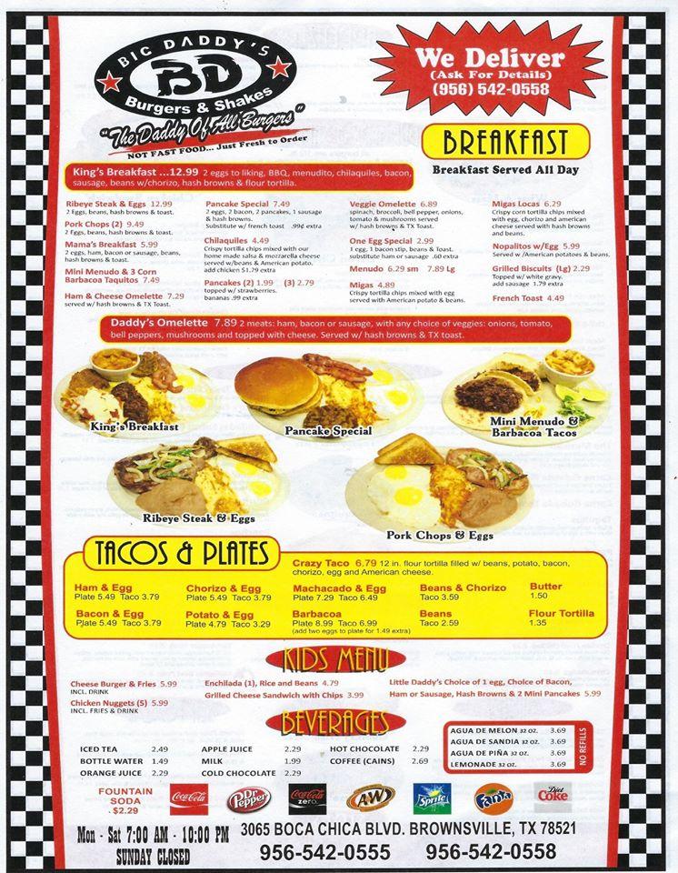 Menu at Big Daddy's Burgers & Shakes restaurant, Brownsville, Boca ...