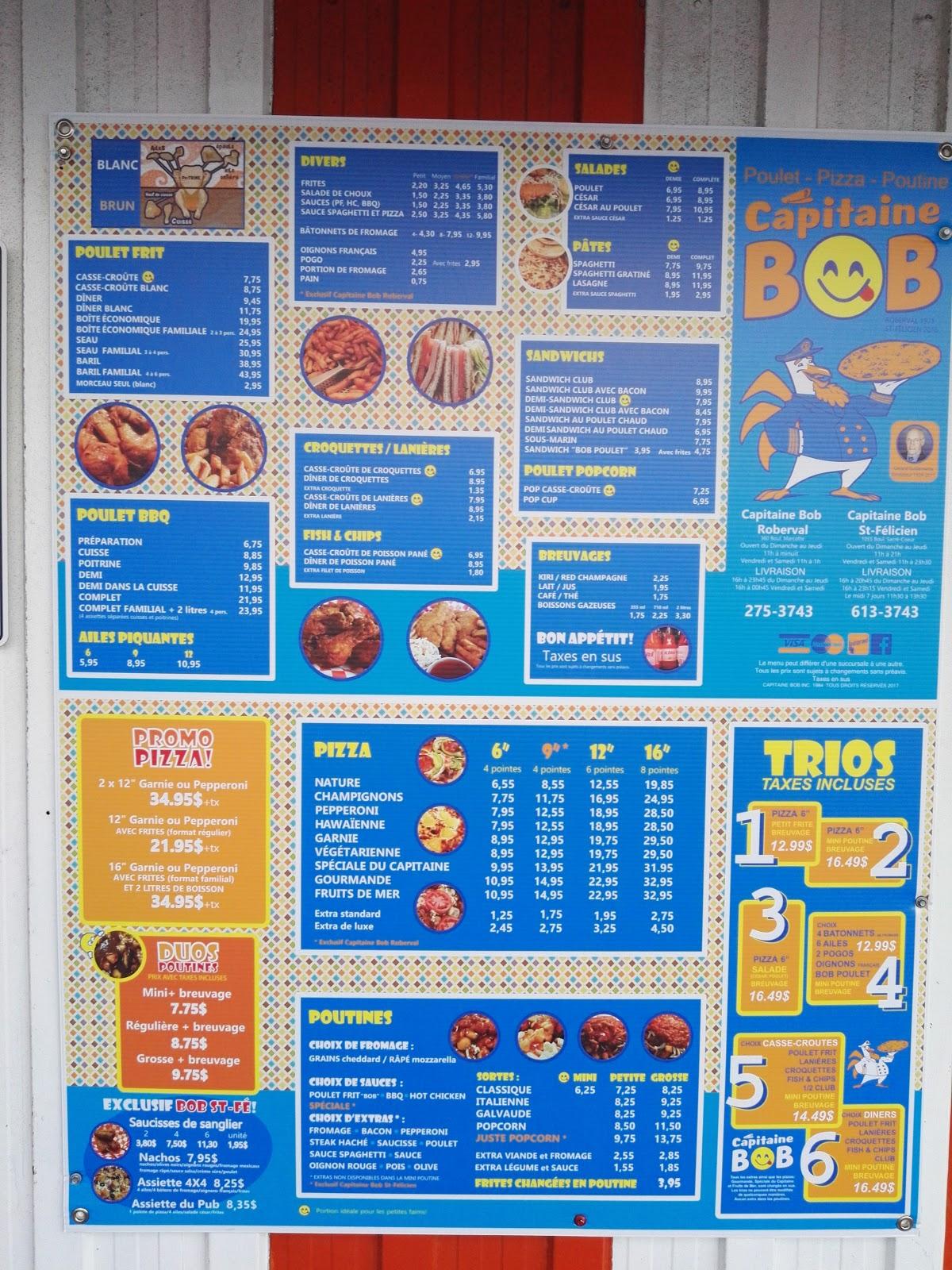 Menu au Capitaine Bob pizzeria, Roberval