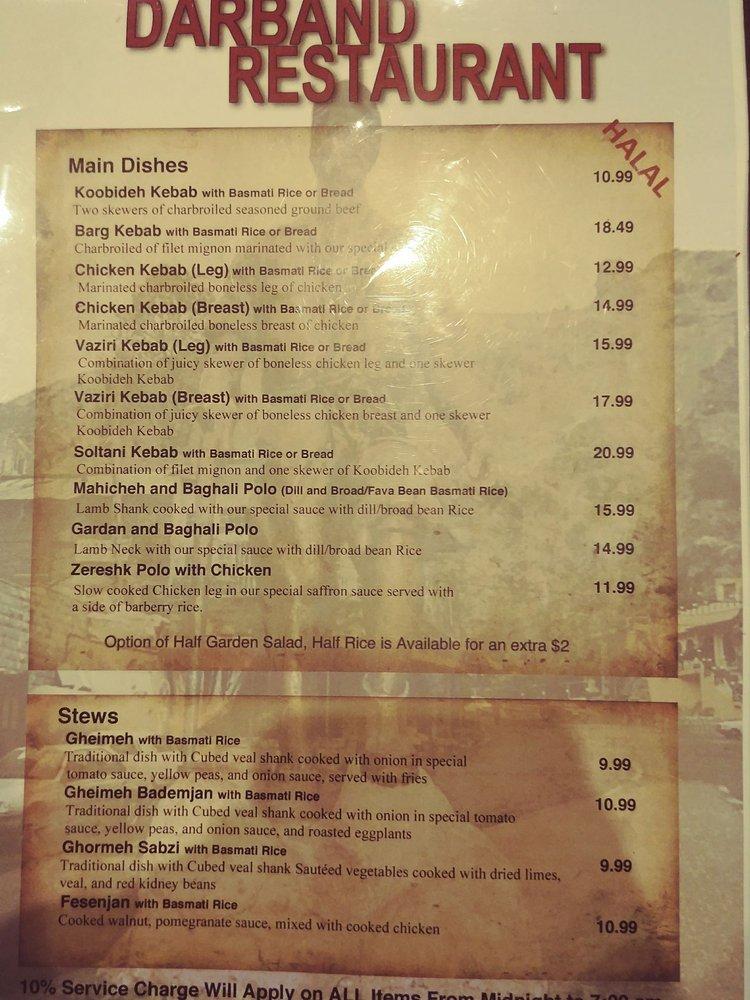 Menu at Darband Restaurant, Toronto