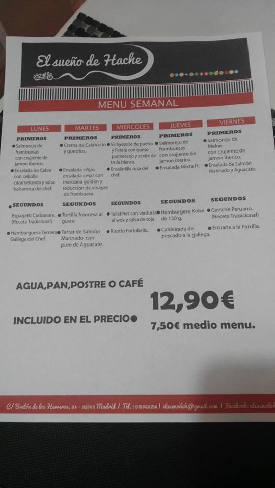 Menu at El Sueño de Hache restaurant, Madrid