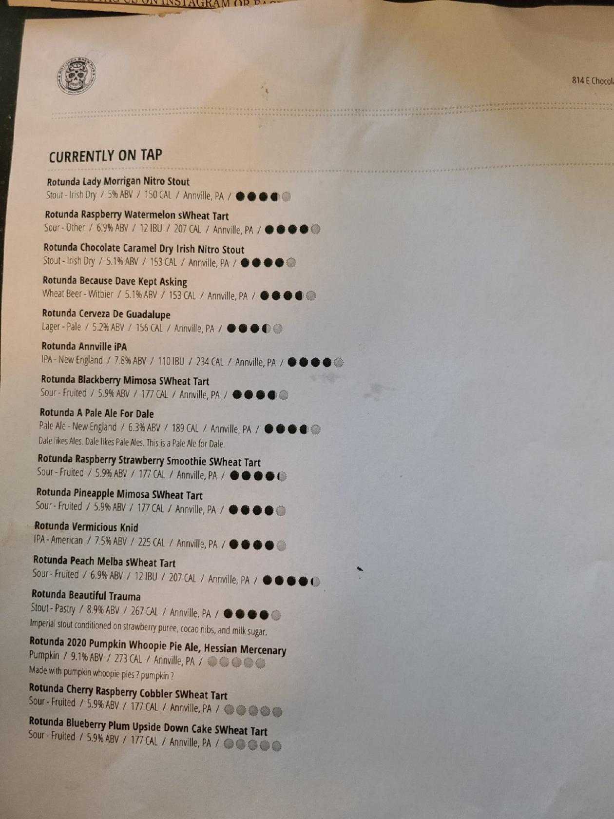 Menu at Rotunda Brew Pub, Hershey