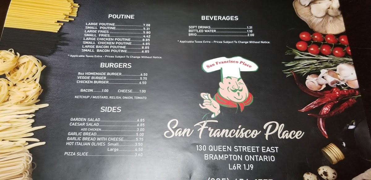 Menu at San Francisco Place pizzeria, Brampton