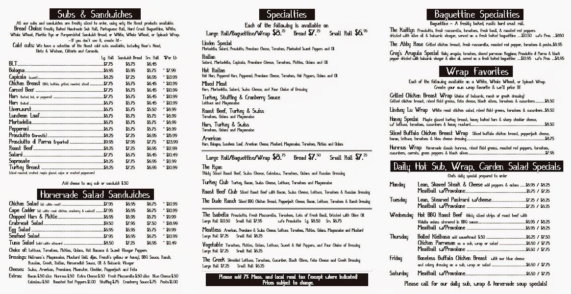 Menu at The Linden Store fast food, Wellesley