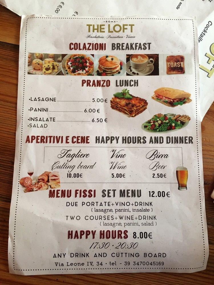 Menu at The Loft fast food, Rome, Via Leone IV