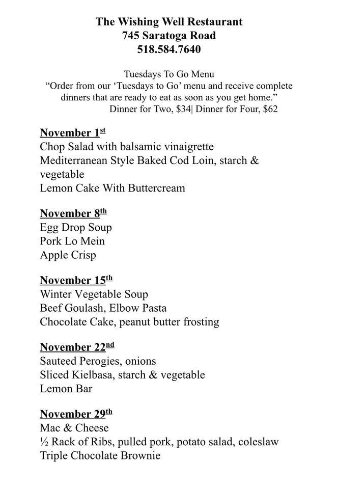 Menu at The Wishing Well pub & bar, USA