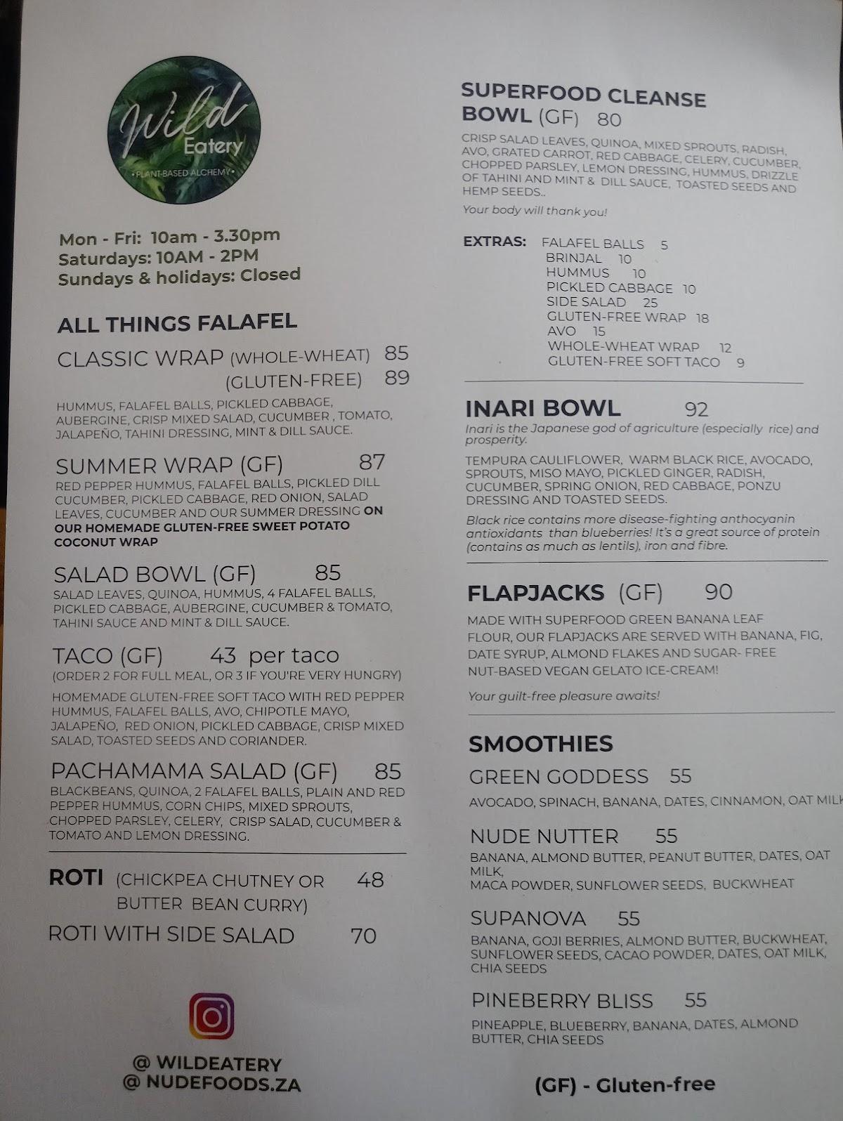Menu au Wild Eatery restaurant, Le Cap, 59 Harrington St