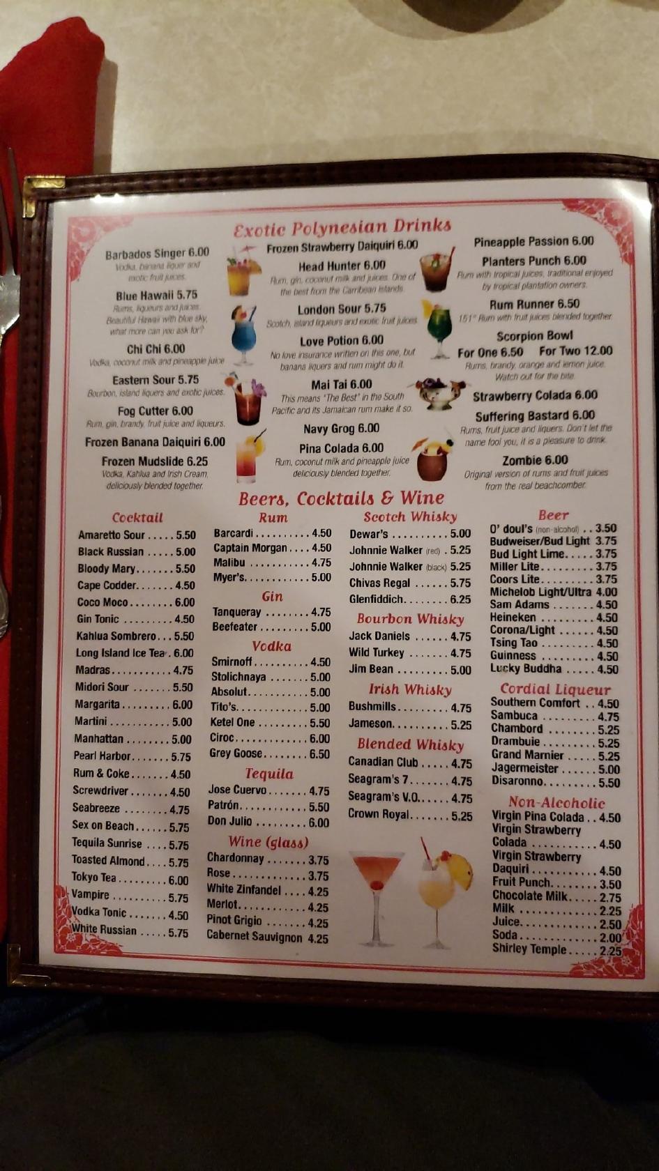 Menu at Wong's restaurant, Grafton
