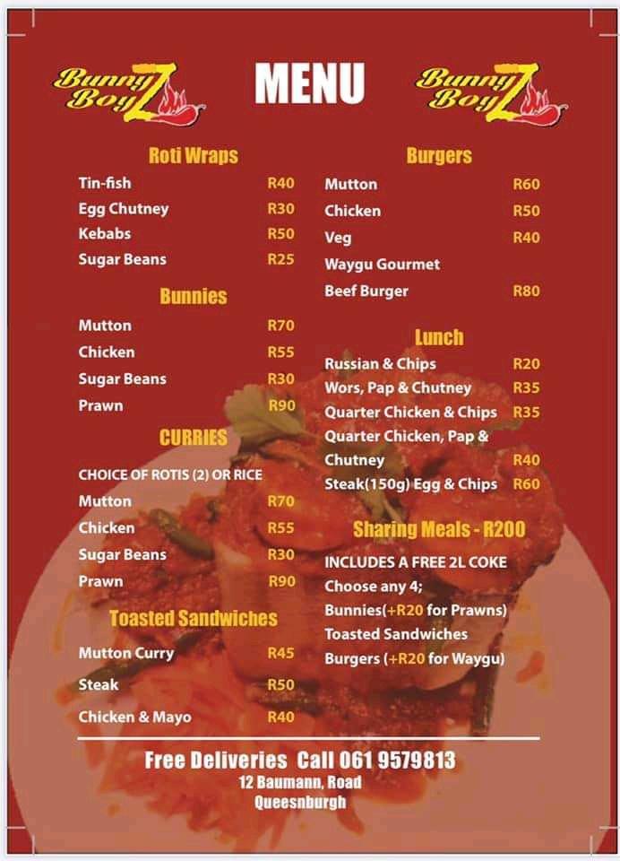 Menu at Bunny BoyZ restaurant, Queensburgh