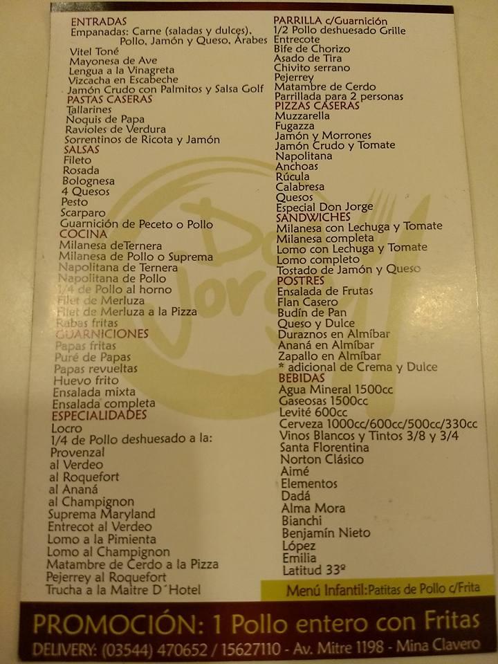 Menu at Don Jorge Restaurante, Mina Clavero