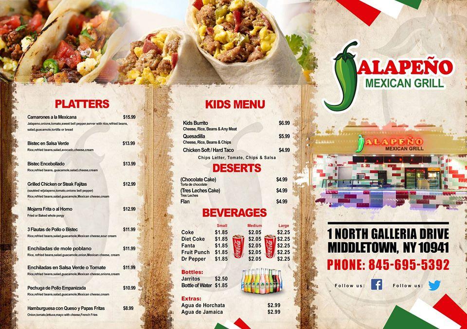 Menu at Jalapeño Mexican Grill restaurant, Middletown