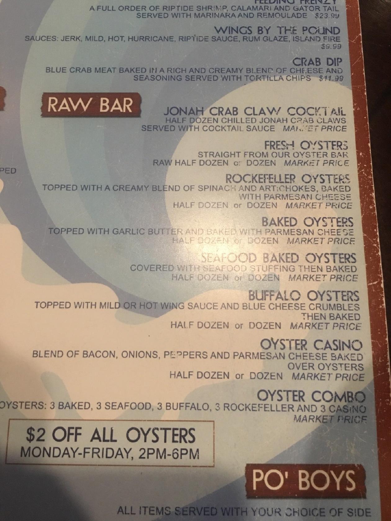 Menu at Riptides Raw Bar and Grill, Ormond Beach, 869 S Atlantic Ave