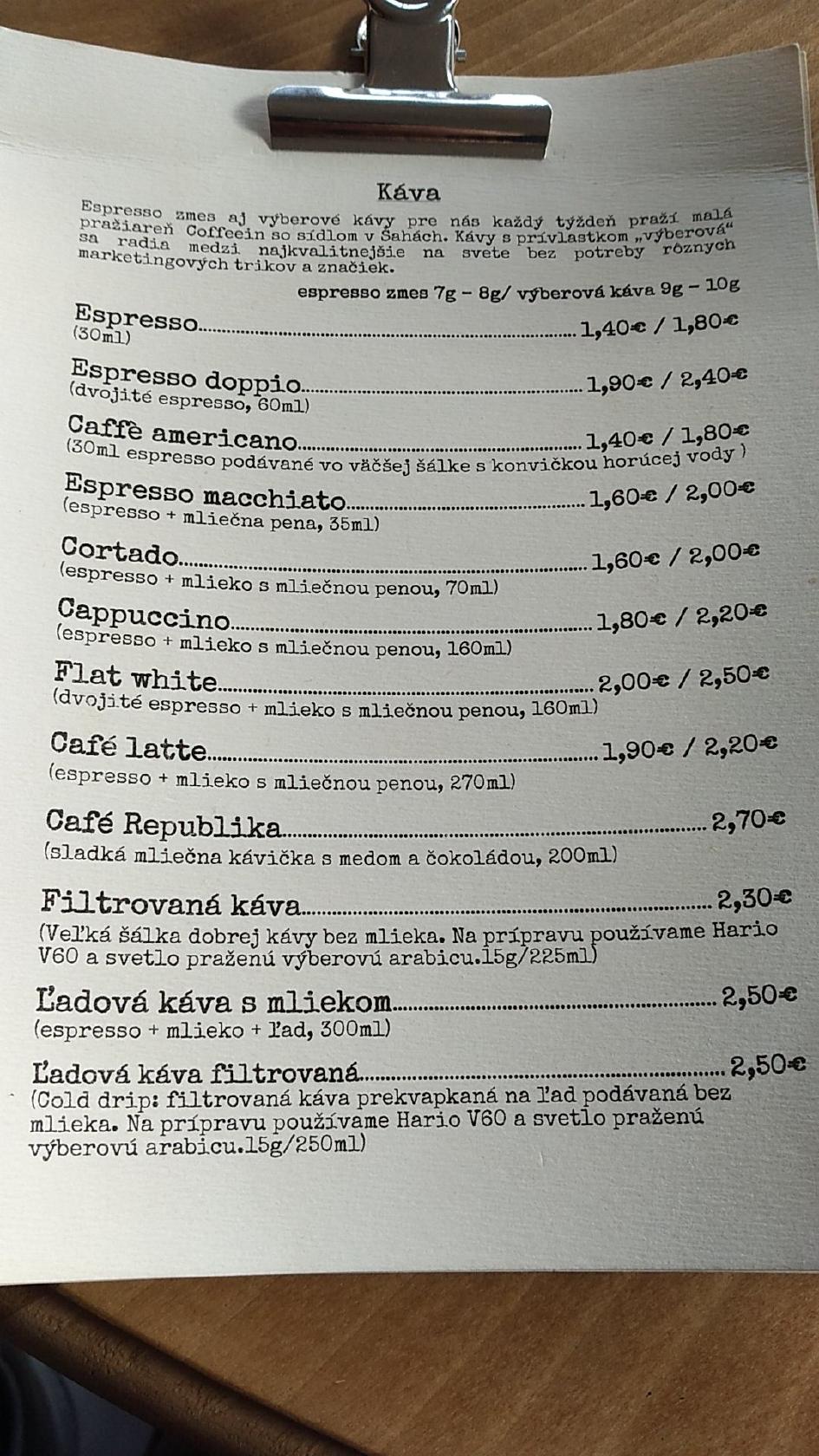 Menu at Café Republika, Žilina