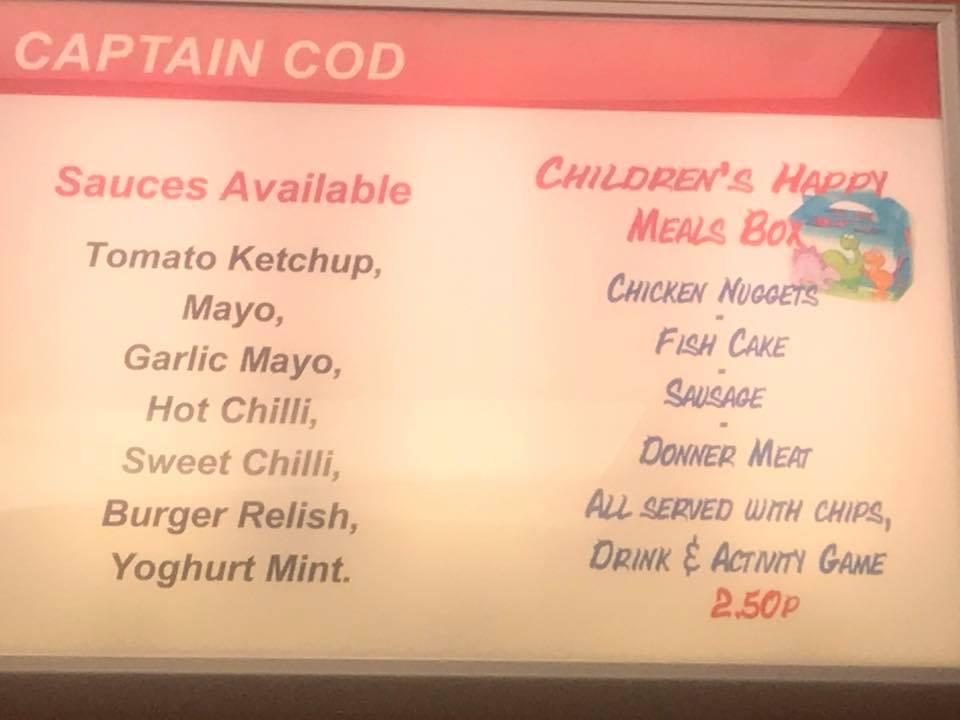 Menu at Captain Cod restaurant, Manchester, 287 Stretford Rd