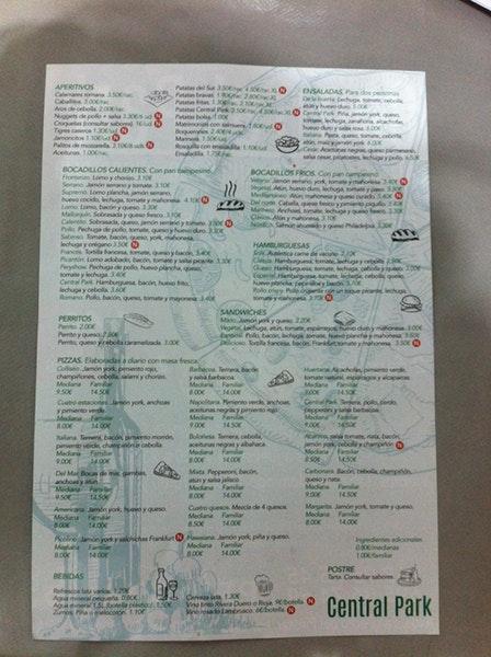 Menu at Central Park restaurant, Murcia