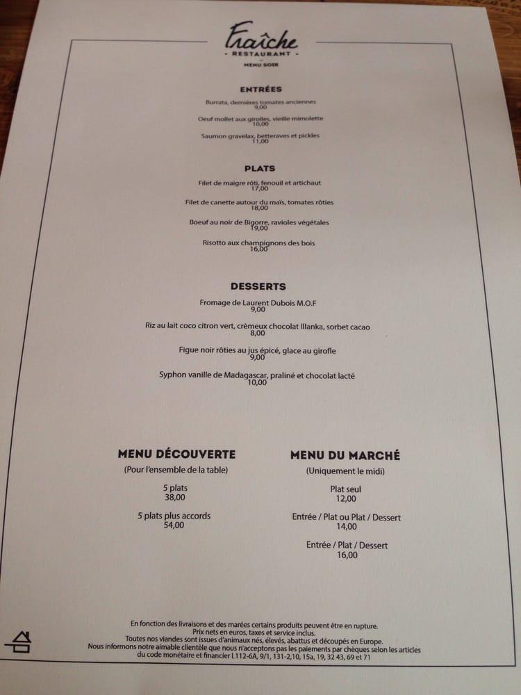 Menu at Fraîche restaurant, Paris