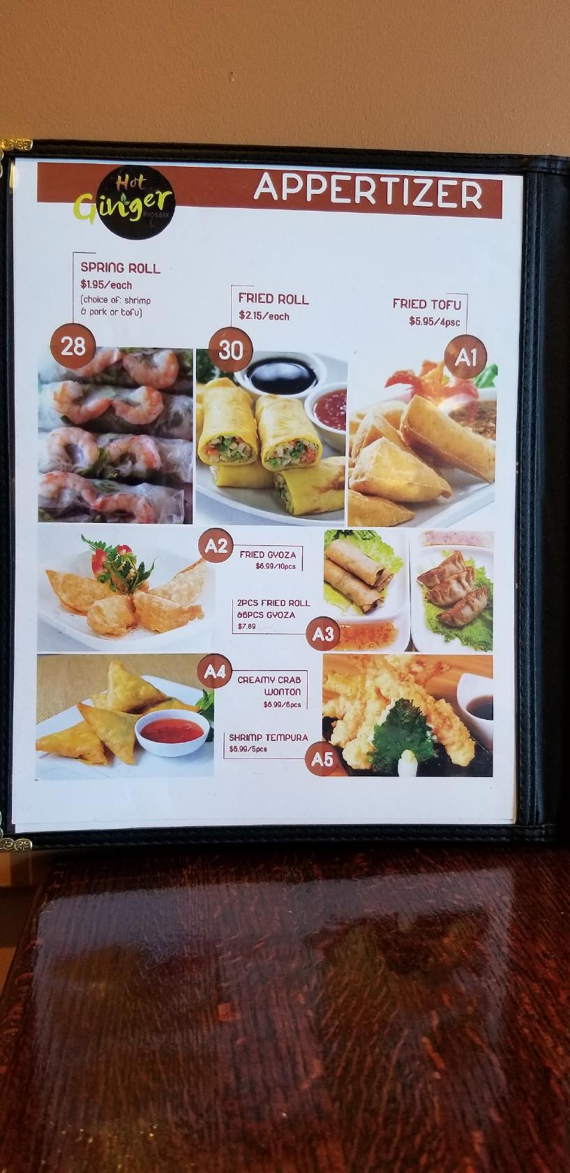 Menu at Hot Ginger Pho restaurant, Lacey