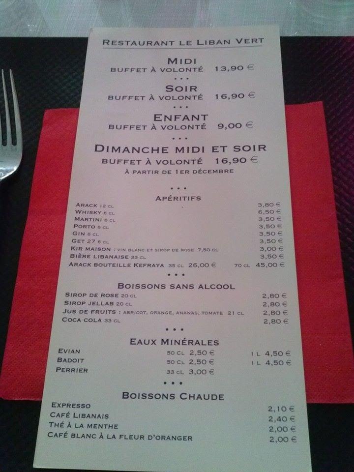 Menu at Le Liban Vert restaurant, Lyon