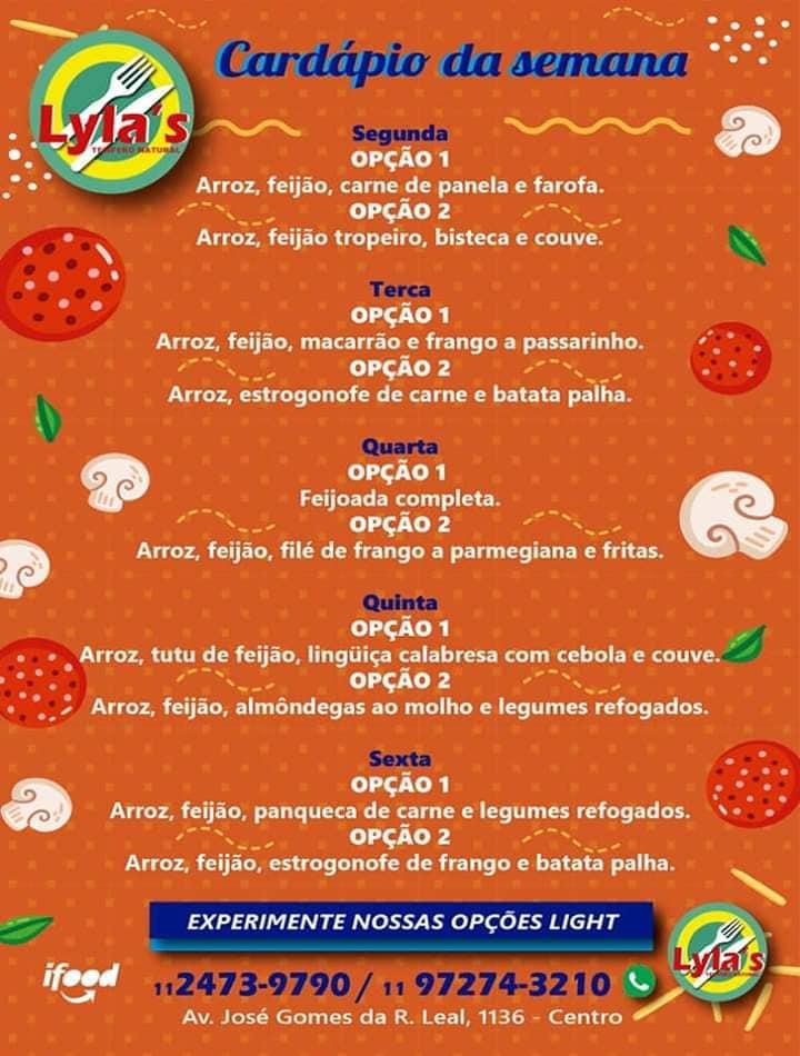 Menu at Lila's restaurant, Bragança Paulista