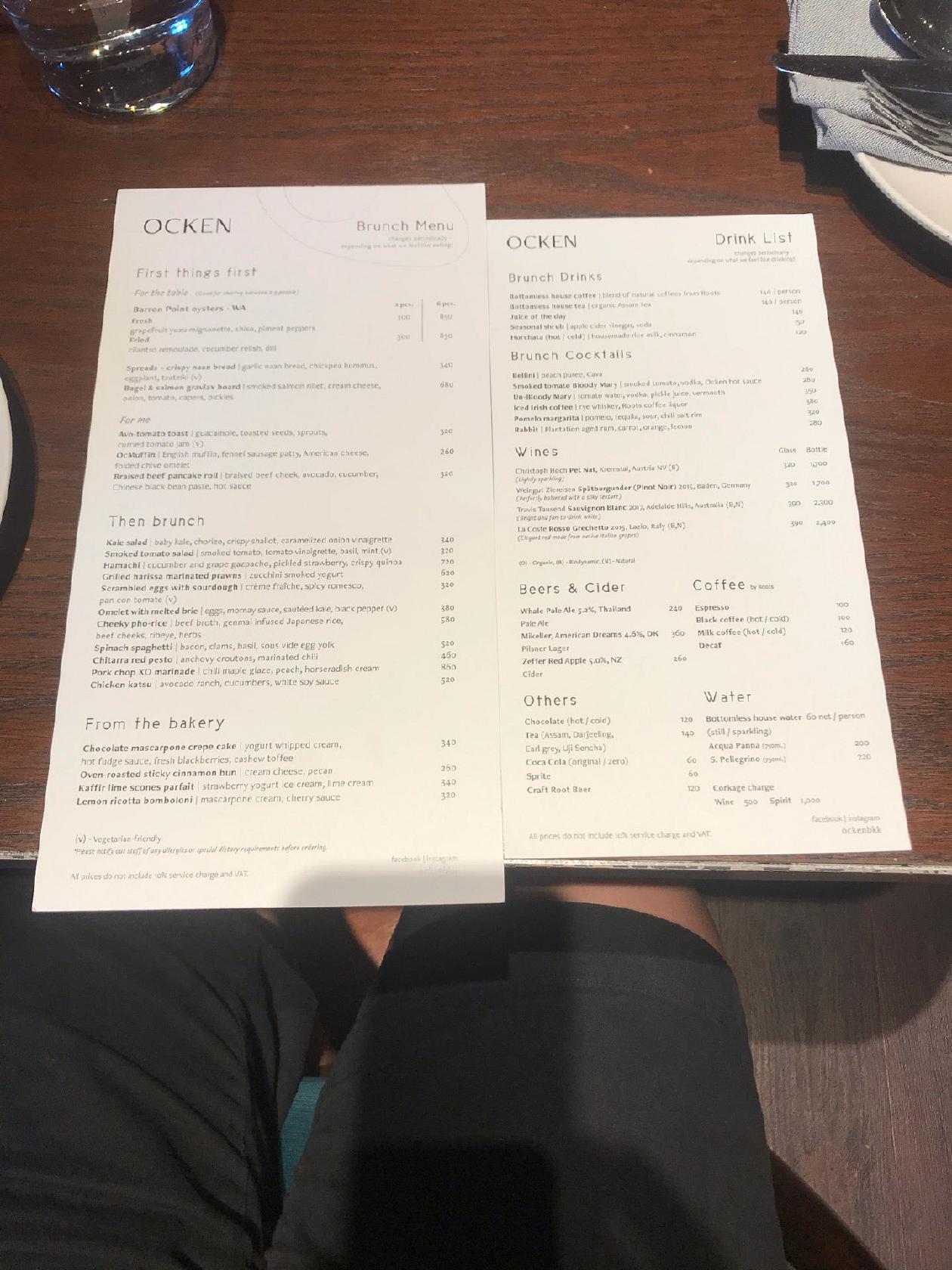Menu at OCKEN restaurant, Bangkok