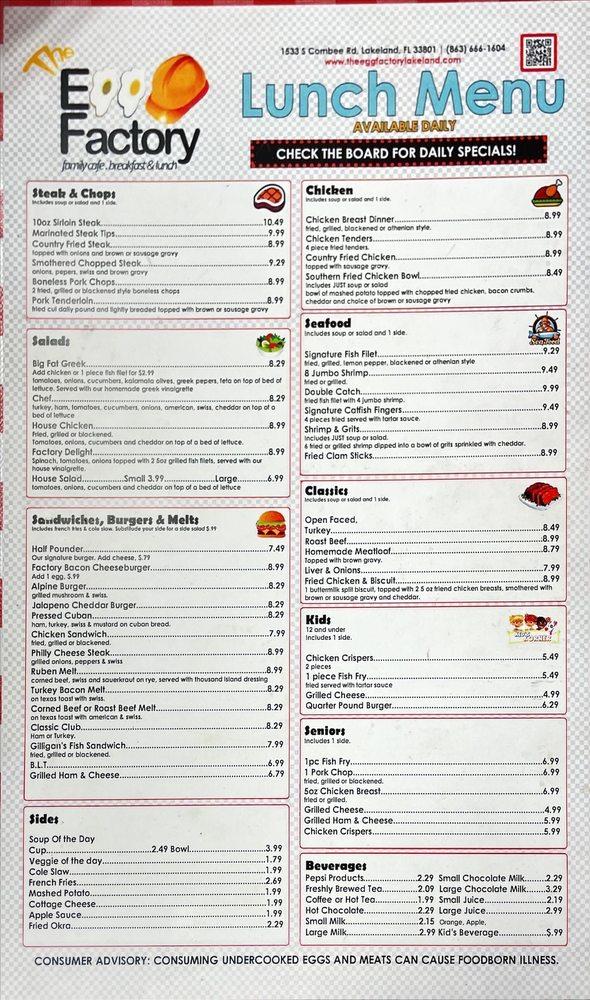 Menu at The Egg Factory restaurant, Lakeland, S Combee Rd