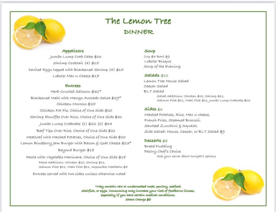 Menu at The Lemon Tree restaurant, Vero Beach