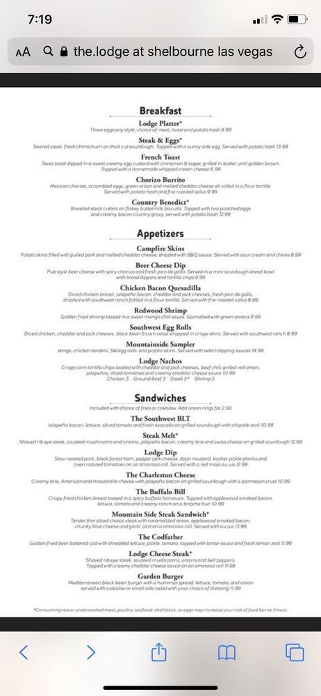 Menu at The Lodge Shelbourne pub & bar, Las Vegas