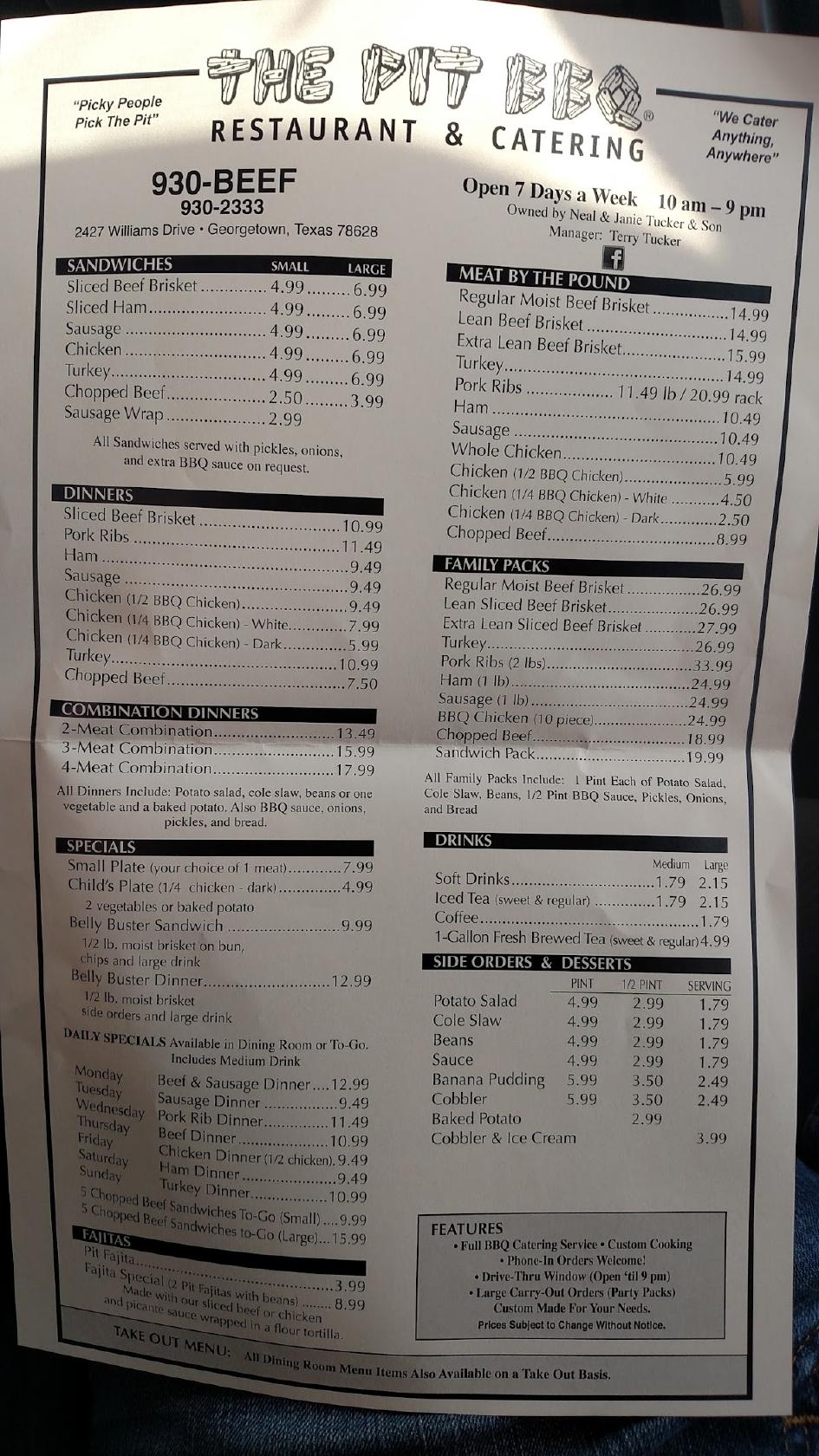 Menu at The Pit Barbecue, Georgetown