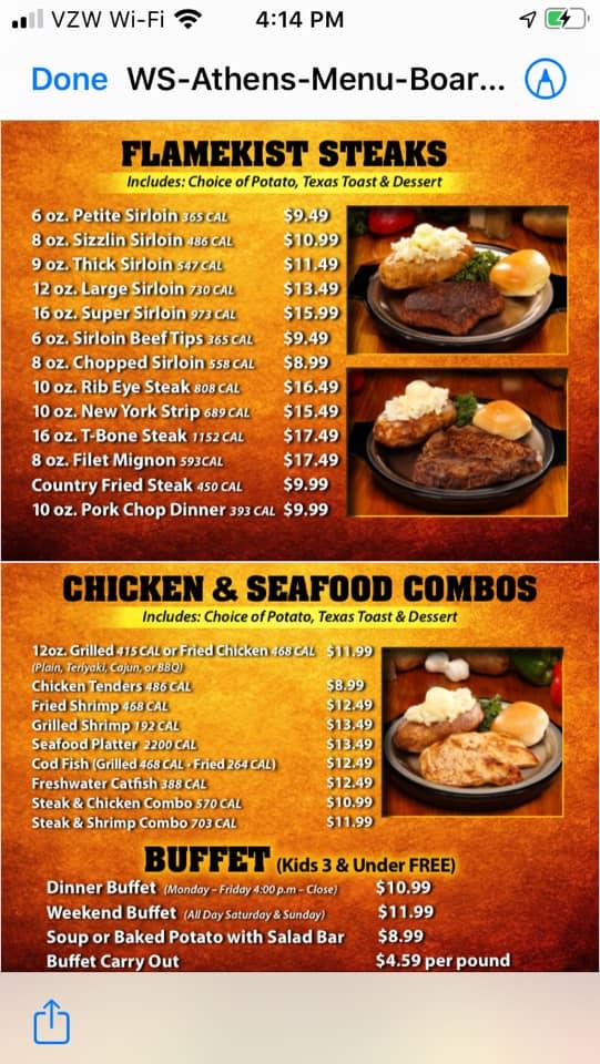 Menu at Western Sizzlin steakhouse, Athens, Decatur Pike