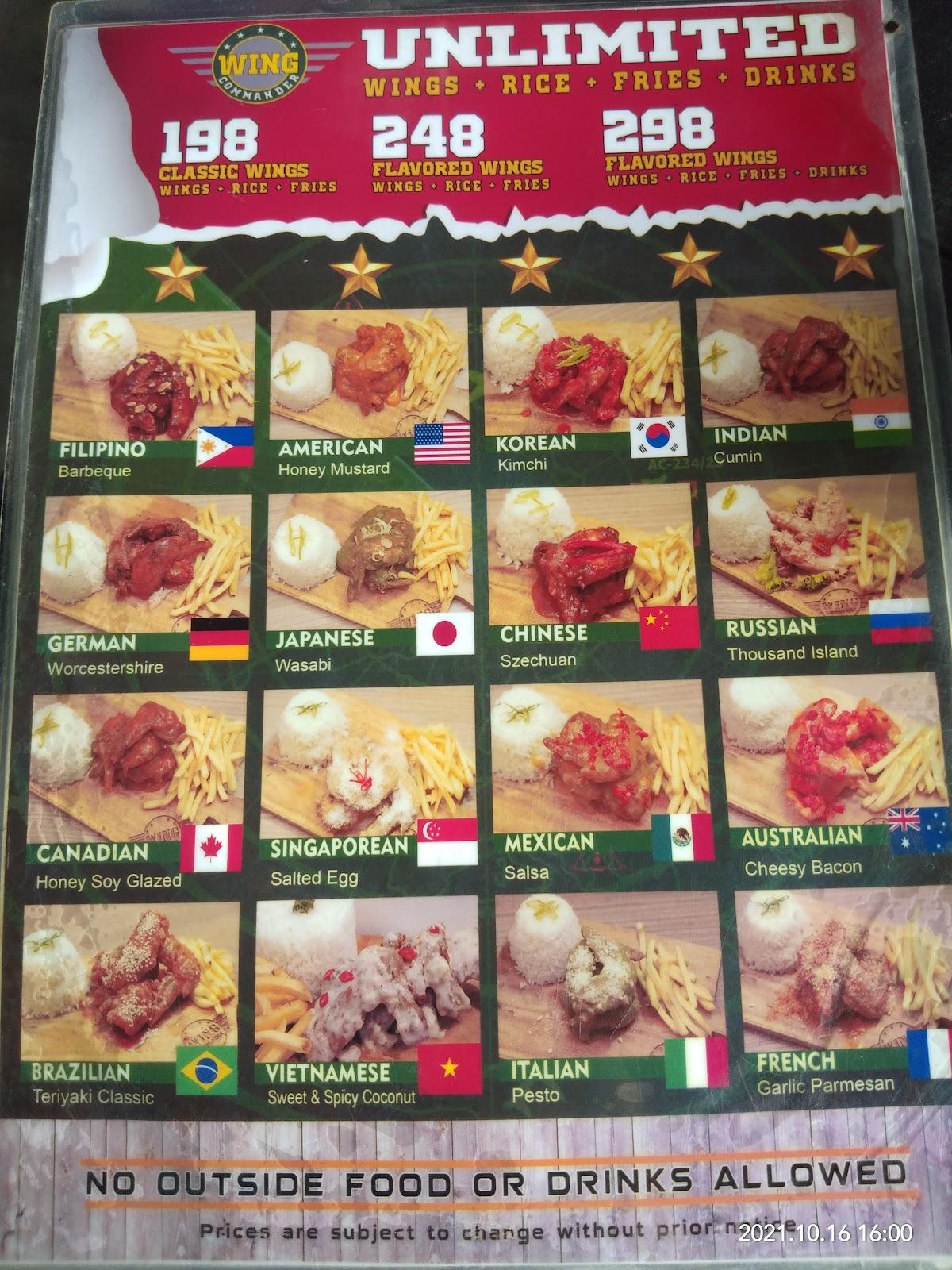 Carta del restaurante Wing Commander, Antipolo