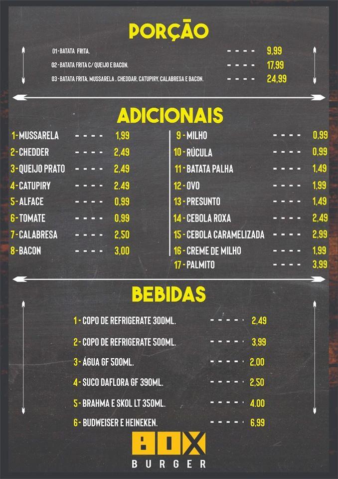 Menu em Box Burger restaurante, Juruaia