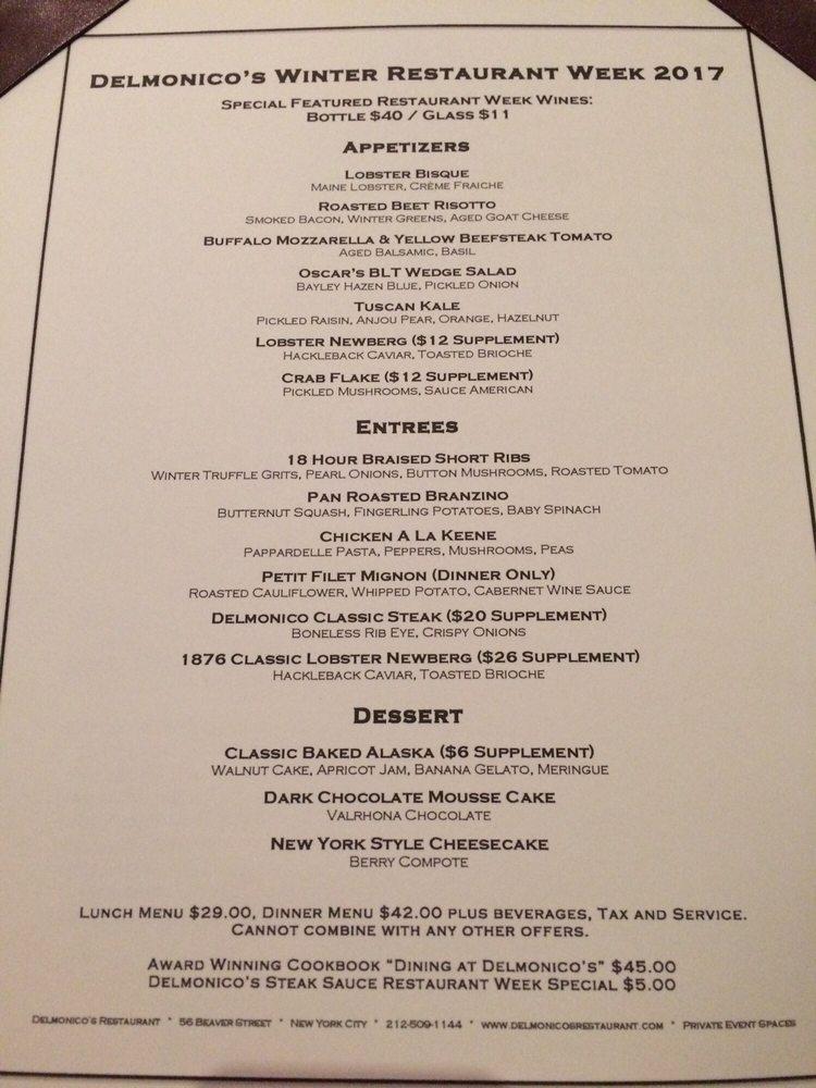 Carta de parrilla Delmonico's, Nueva York