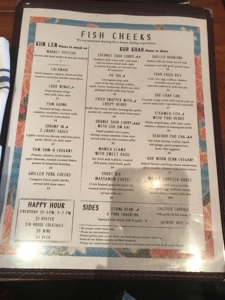Menu at Fish Cheeks restaurant, New York City, 55 Bond St