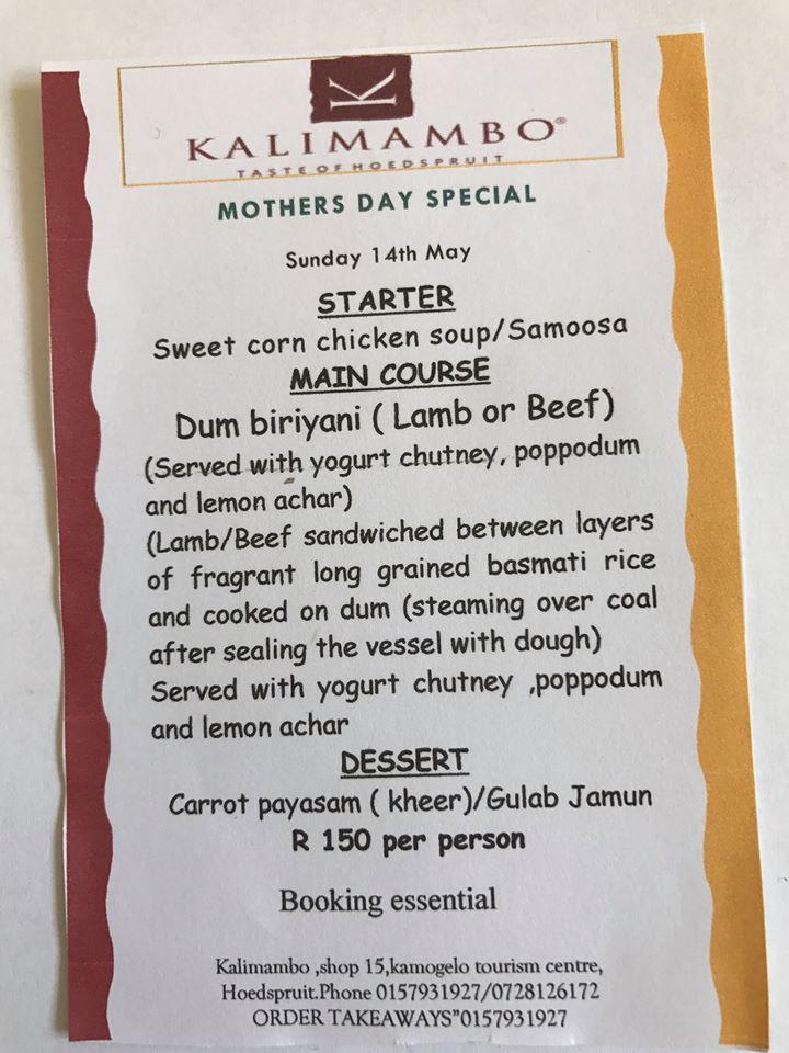 Menu at Kalimambo Pub, Indian Restaurant, and Grill, Hoedspruit
