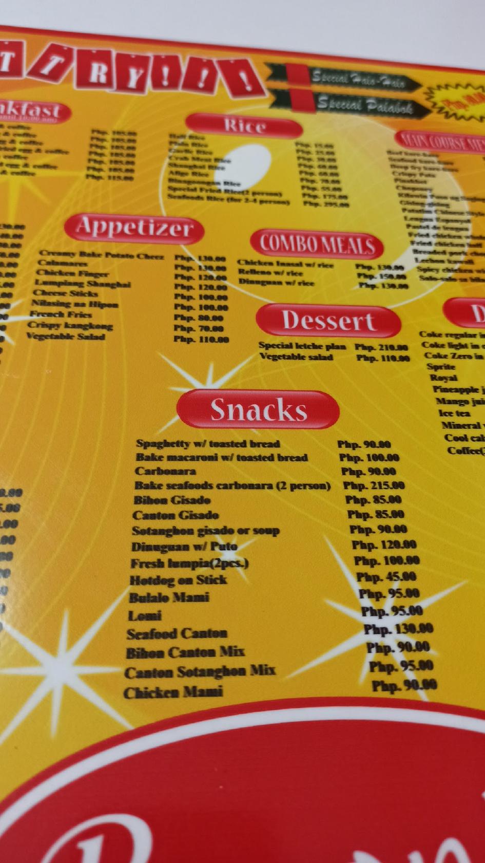 Menu at Razon's restaurant, Cabanatuan City, FXRF+J25