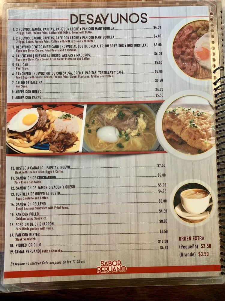 Menu at Sabor Peruano restaurant, West New York, Bergenline Ave