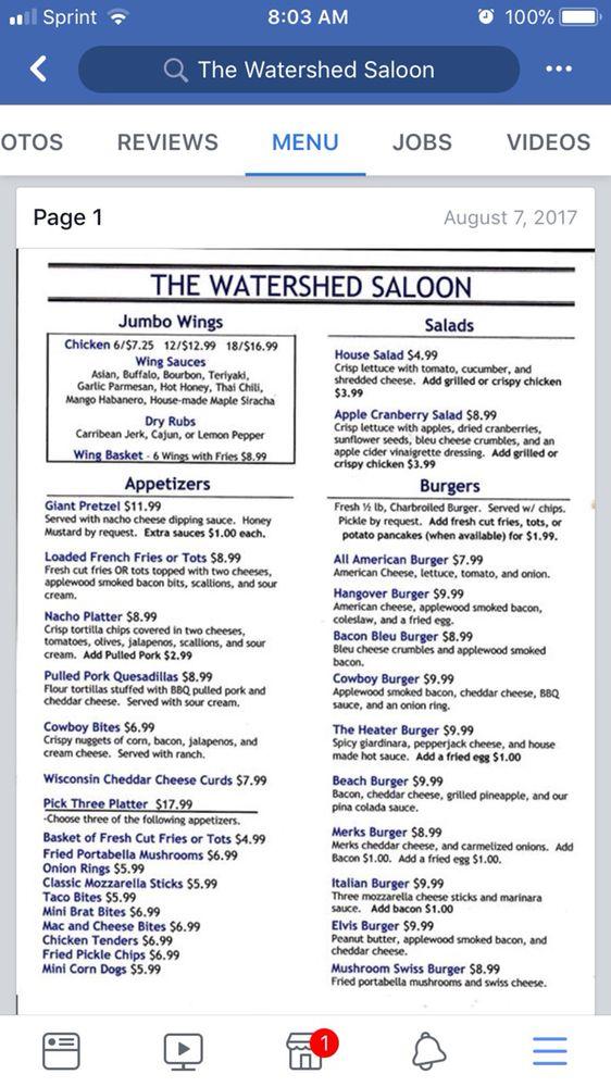 Menu at The Watershed Saloon pub & bar, Delavan