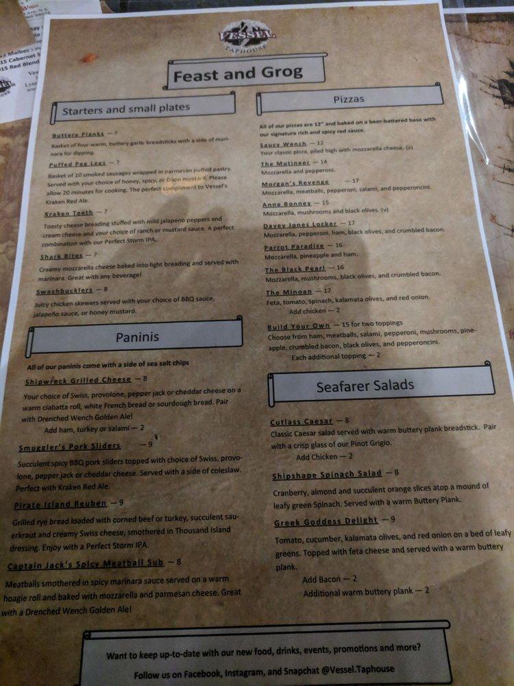 Menu at The Vessel restaurant, Lynnwood