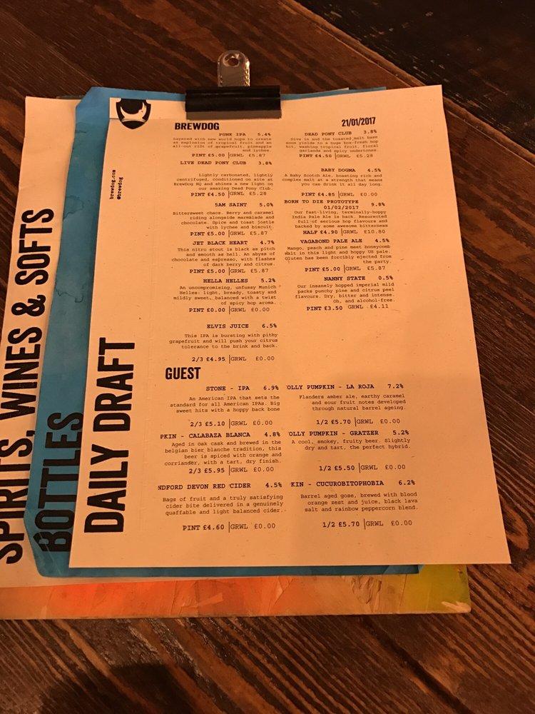 Menu at BrewDog Manchester pub & bar, Manchester