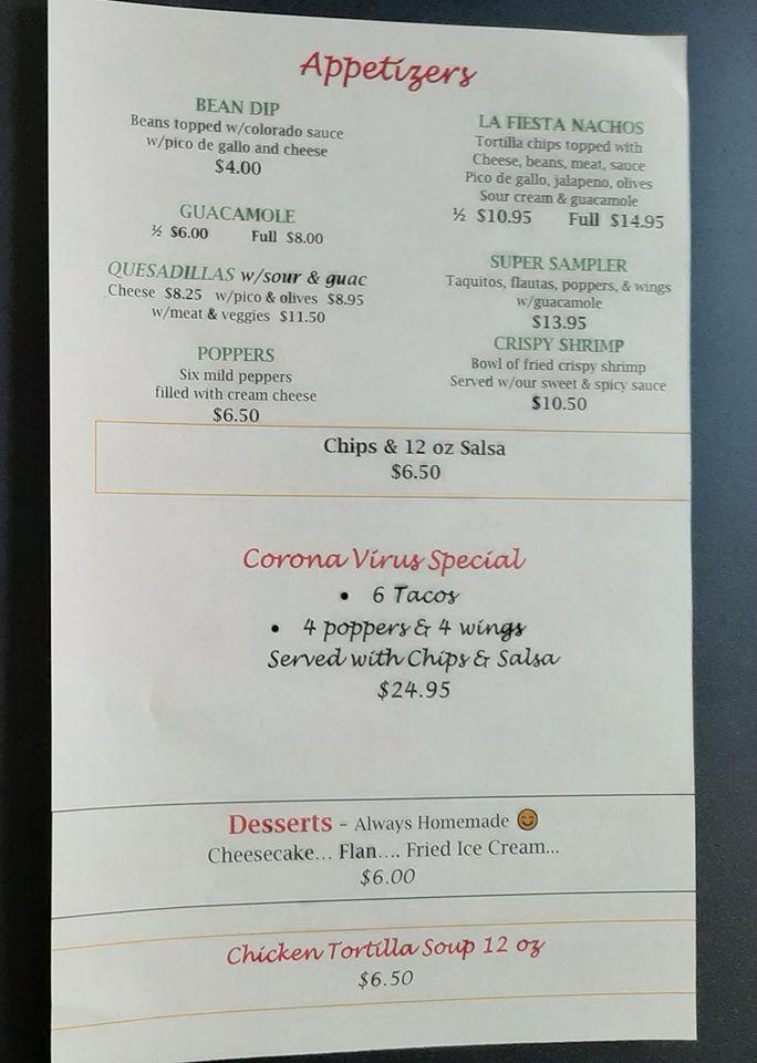 Menu at Compadres restaurant, Dayton