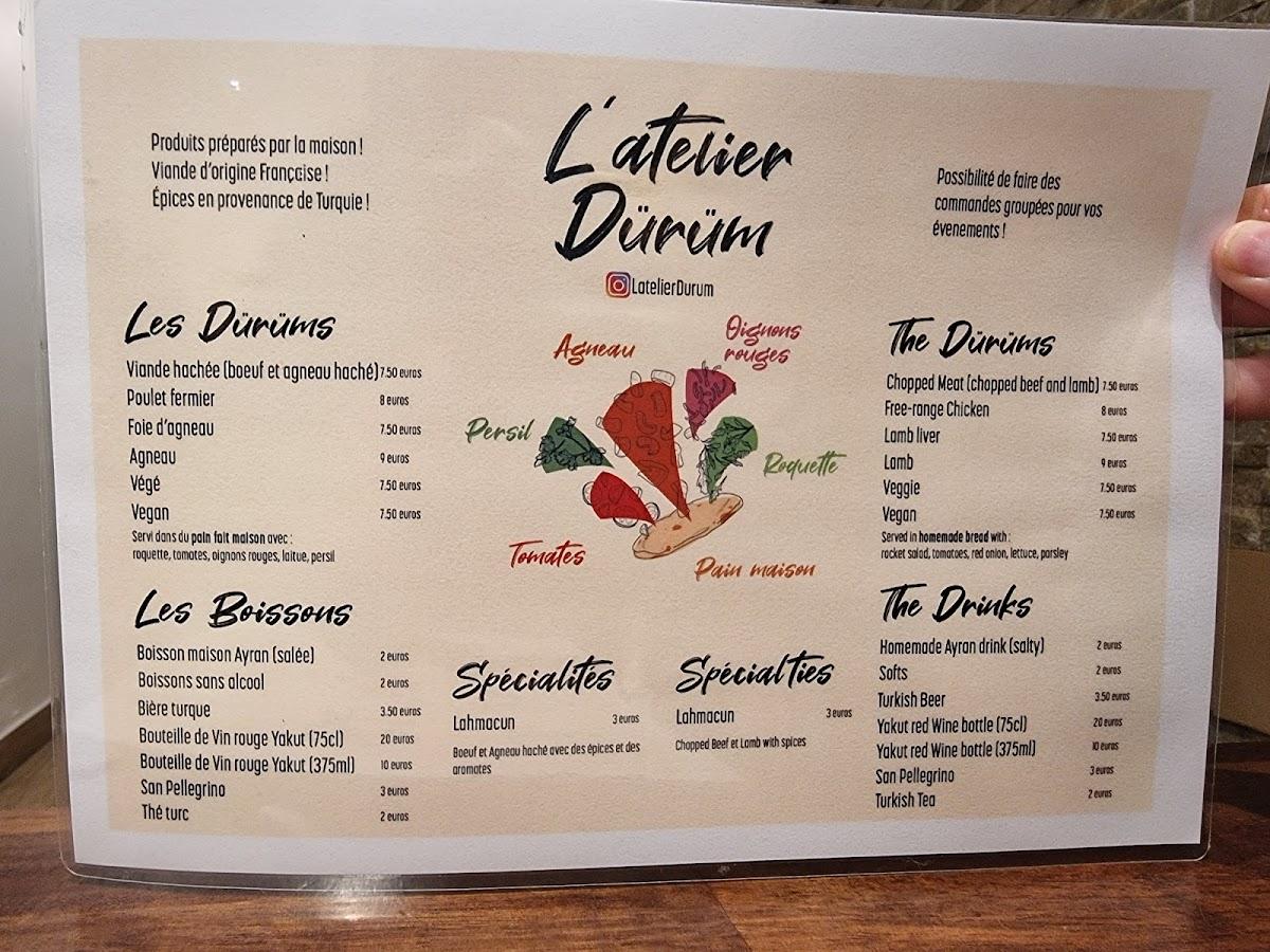 Menu at L'atelier Dürüm restaurant, Paris, 41 Rue de Clignancourt