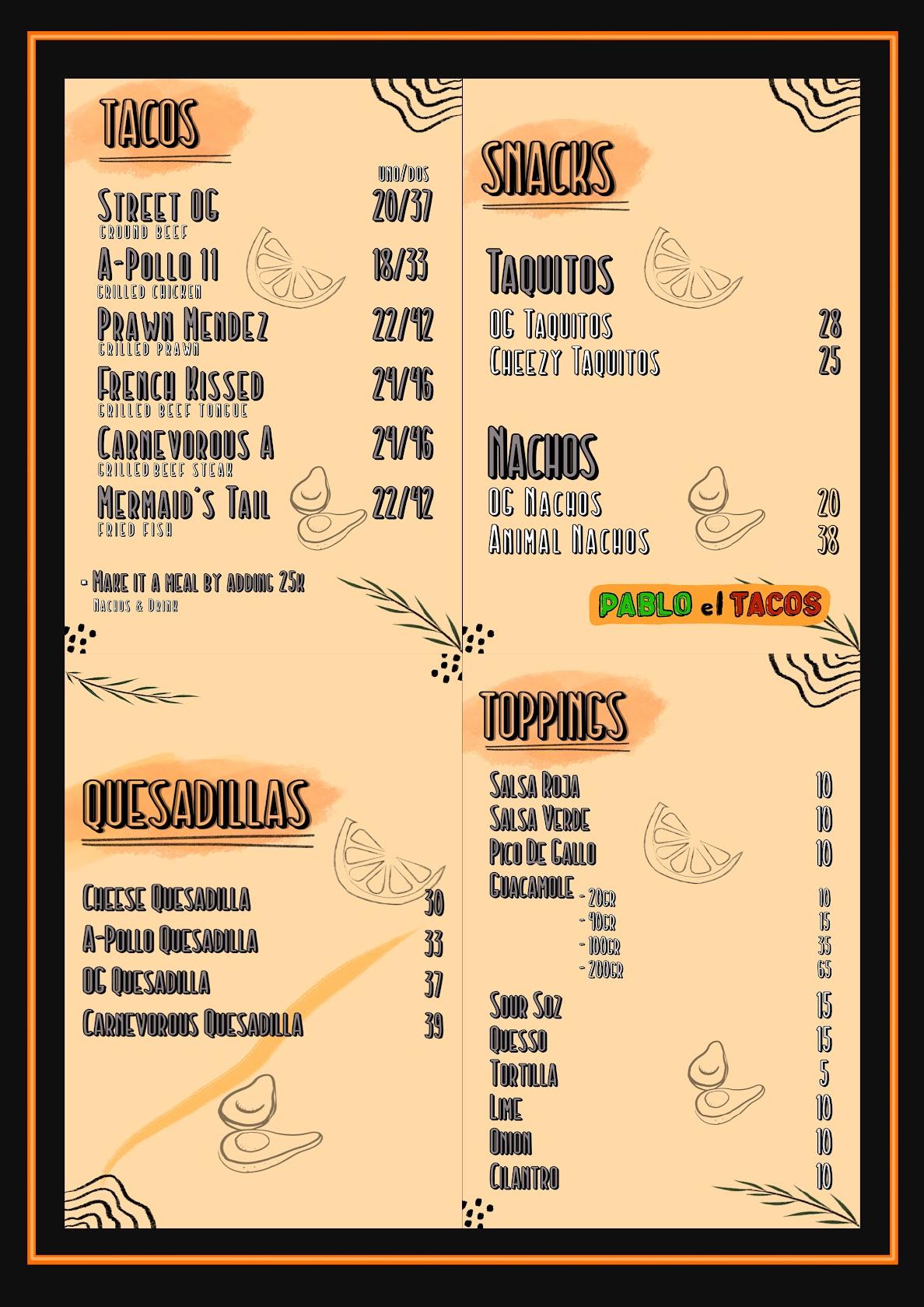 Menu at PABLO el TACOS restaurant, Jakarta